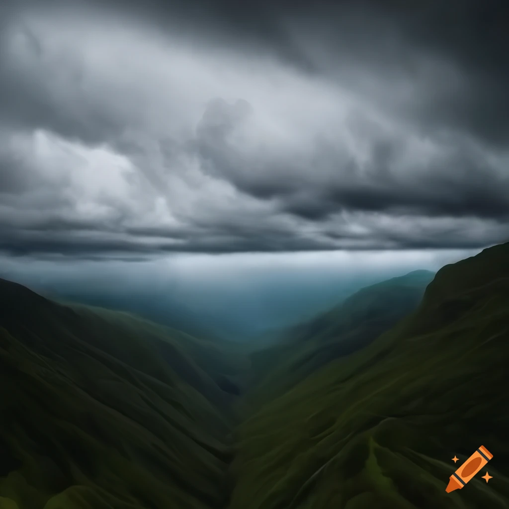 Lush landscape with grey clouds in desaturated tones on Craiyon