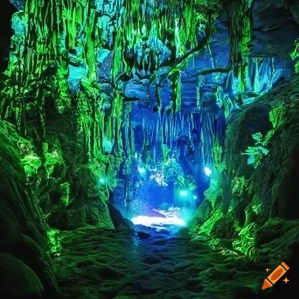 Entrance of a mesmerizing cave in a deep forest with glowing plants on ...