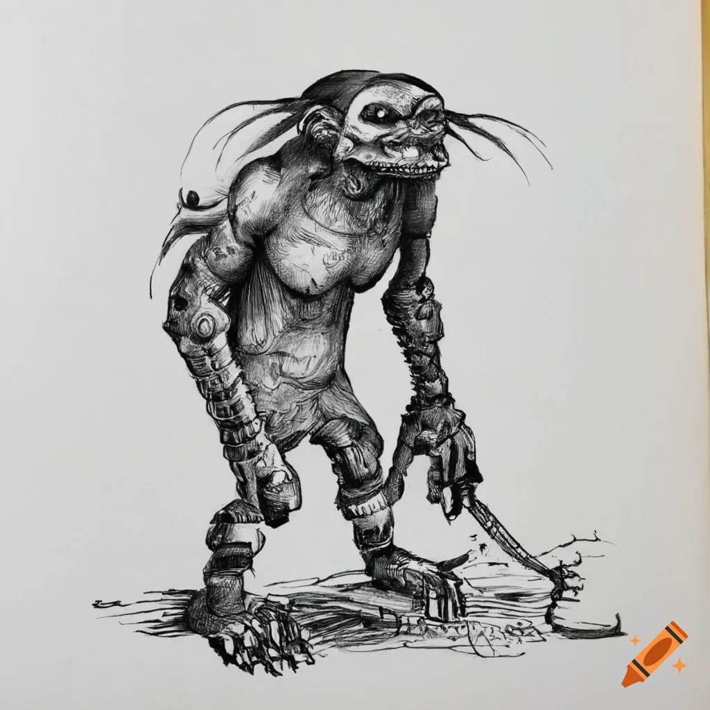 Intriguing bridge troll, half-troll half-cyborg drawing in black ink on ...