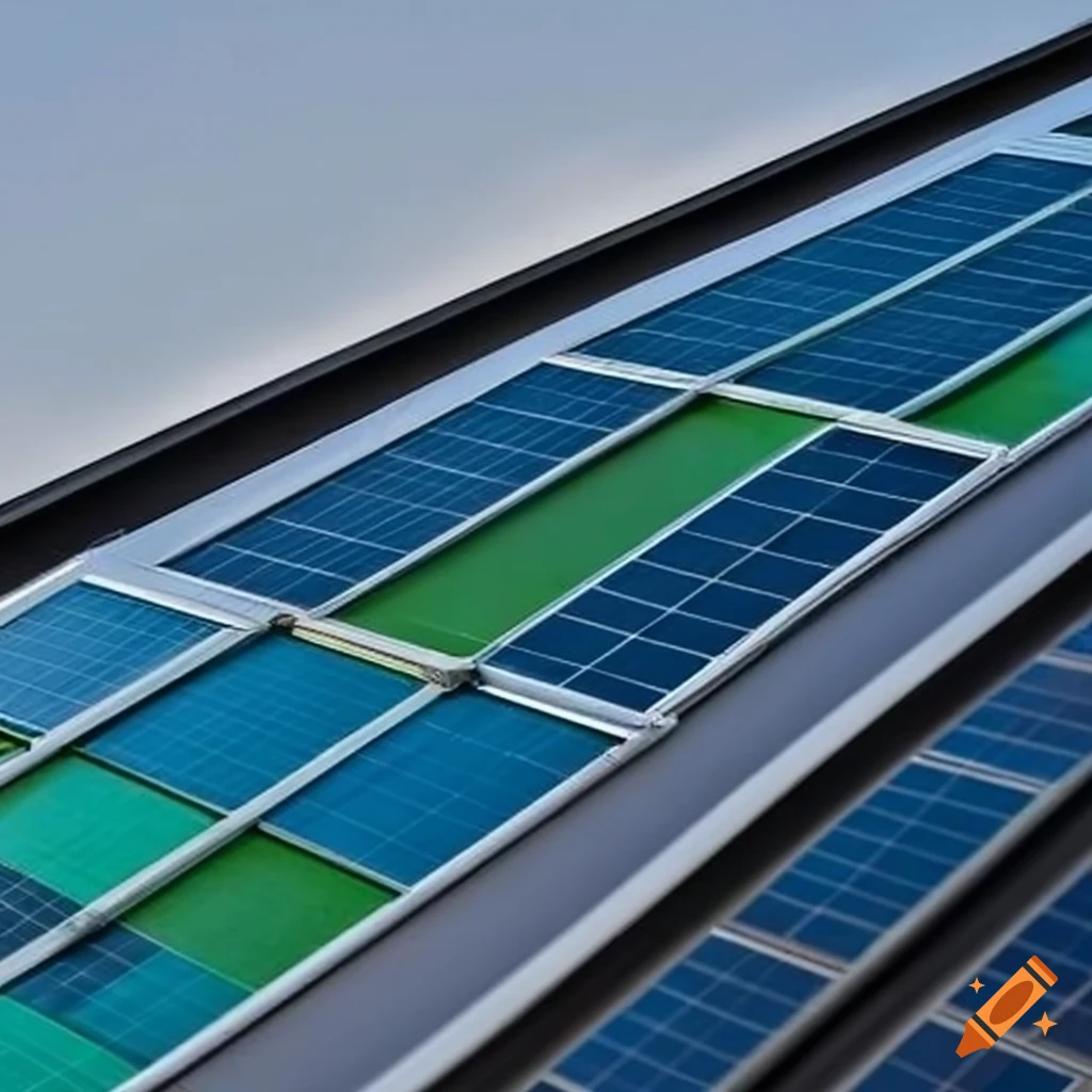 Modern rooftop with solar panels and green skylight on Craiyon