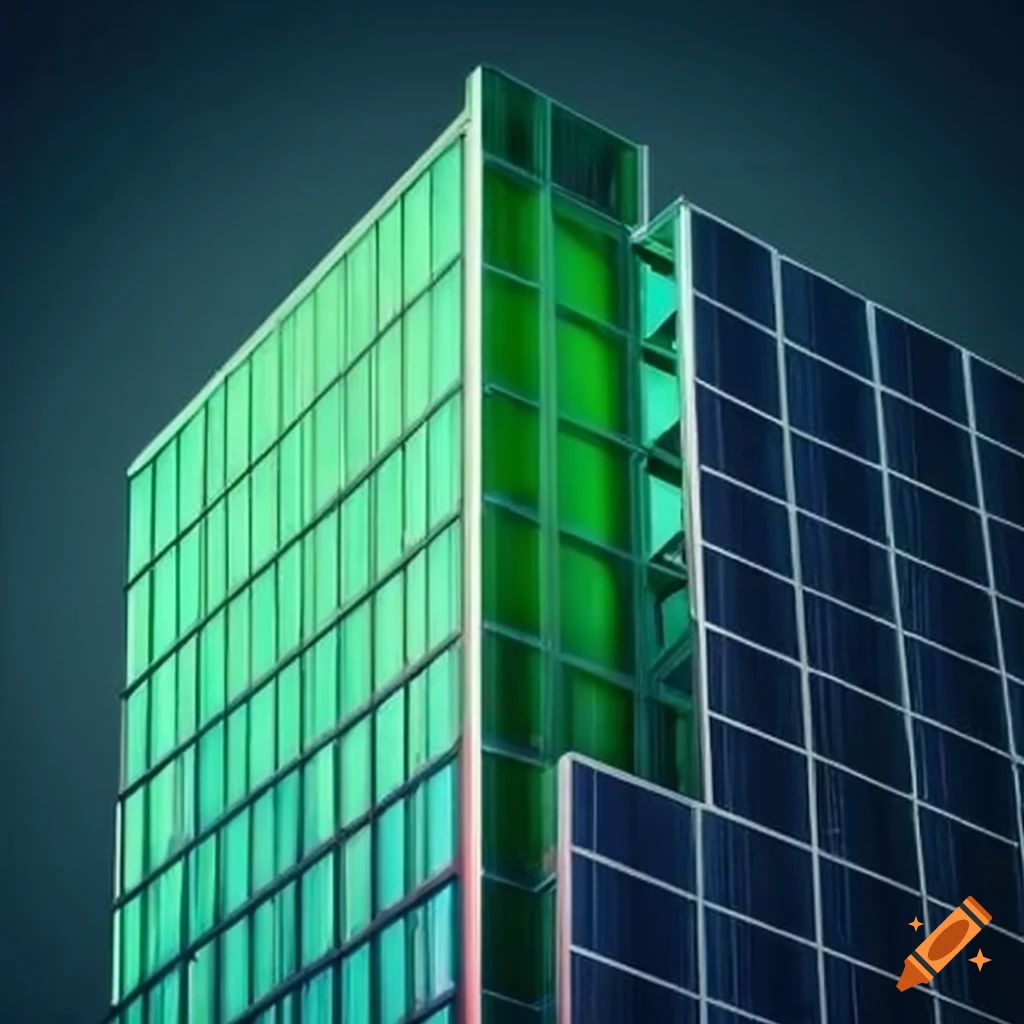 Solar panels and green windows on a building on Craiyon