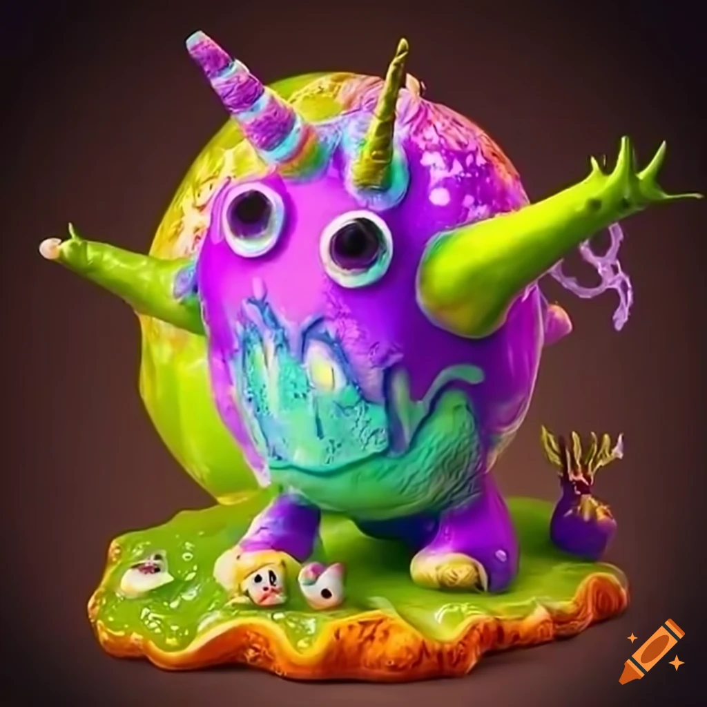 Forest with mythical creatures and a playful mutant lemon fruit monster ...