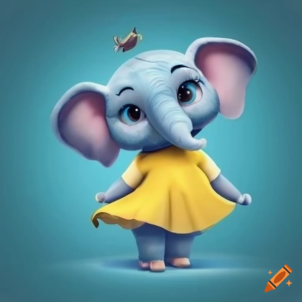 Cute anthropomorphic light blue elephant wearing a yellow dress on Craiyon