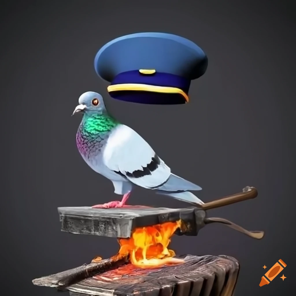 Cute pigeon with navy hat working on a forge on Craiyon