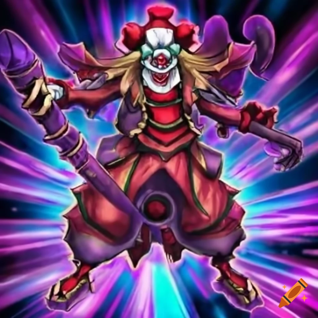 Zombie circus clown with whip in Yugioh card art on Craiyon
