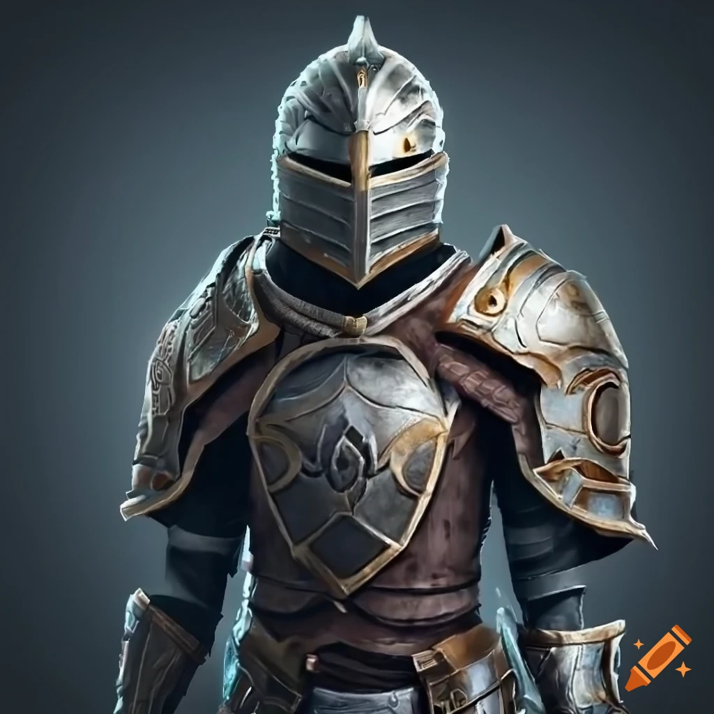 Photorealistic knight in Kingdoms of Amalur: Reckoning armor with stylized helmet on Craiyon