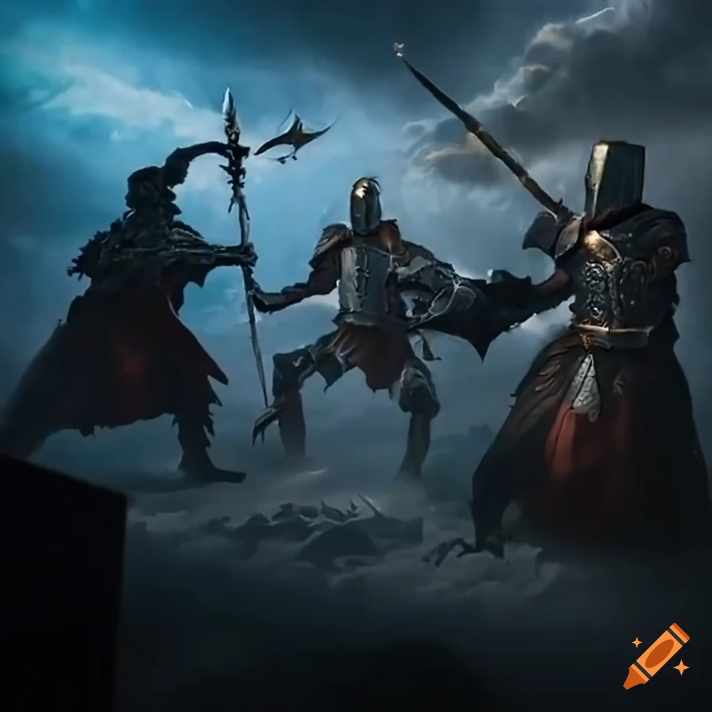 Epic fantasy battle between two knights clashing swords on Craiyon