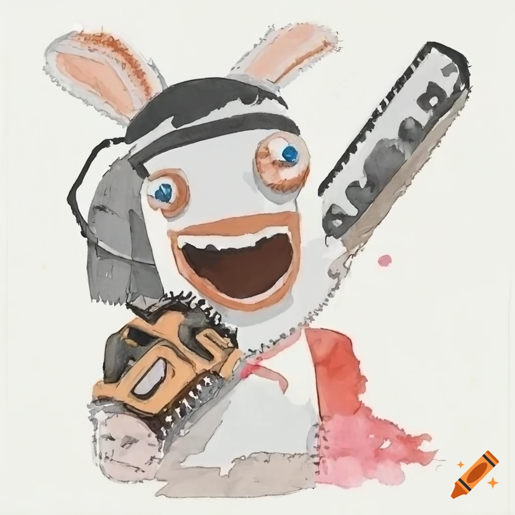 Raving rabbid with a chainsaw in a colorful style on Craiyon