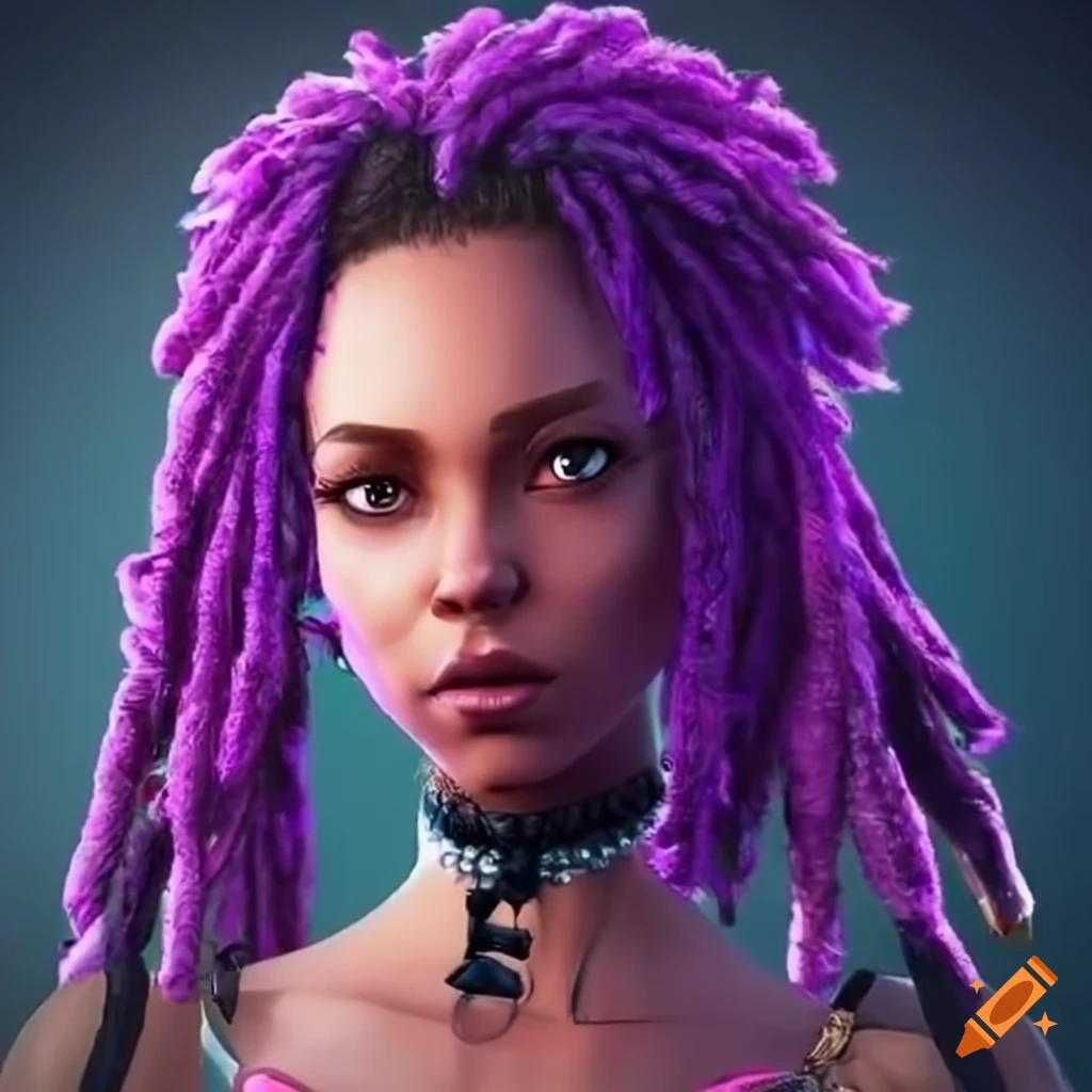 Captivating female video game character with purple dreadlocks and choker on Craiyon