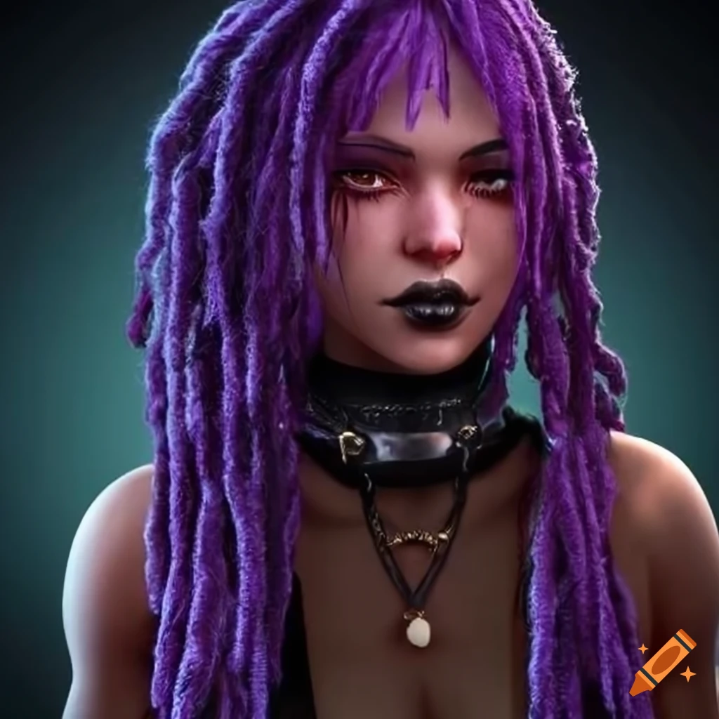 Female game character with short purple dreadlocks and goth choker necklace on Craiyon