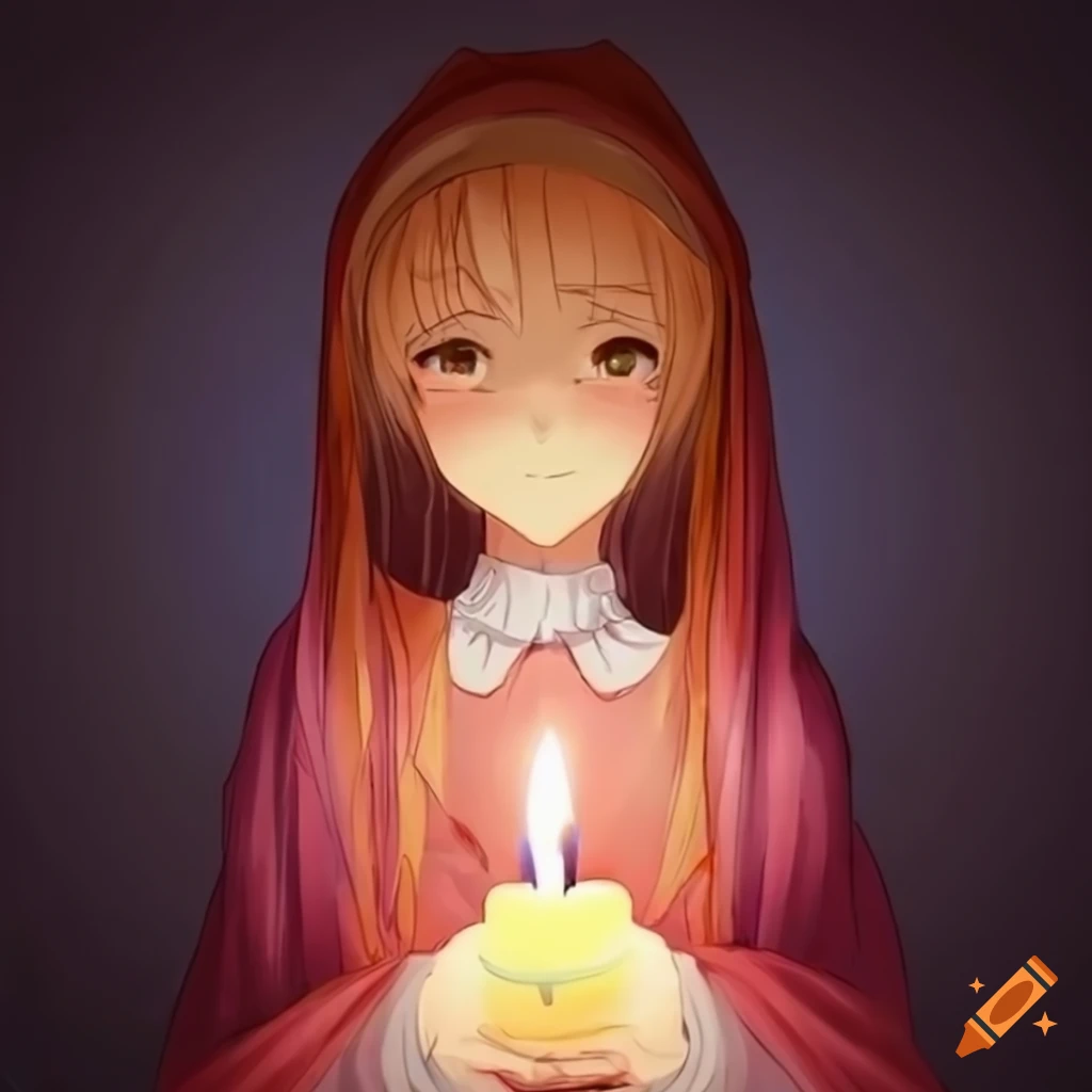 Anime portrait of a woman holding a lit candle in a religious setting ...