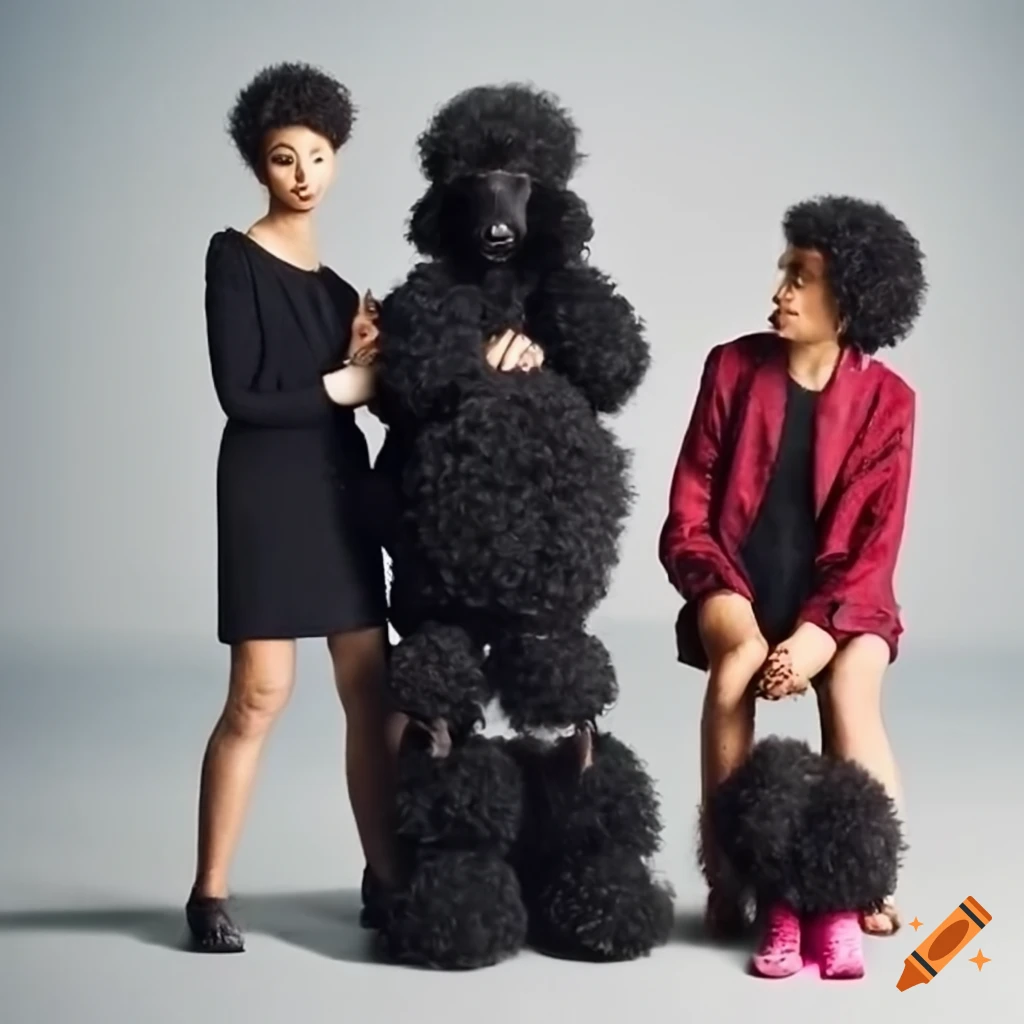 Black poodle with 3 human friends on Craiyon