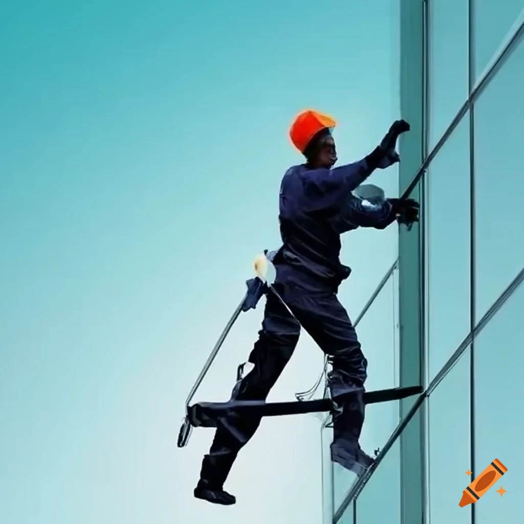 Professional window cleaner cleaning a large glass building facade on ...