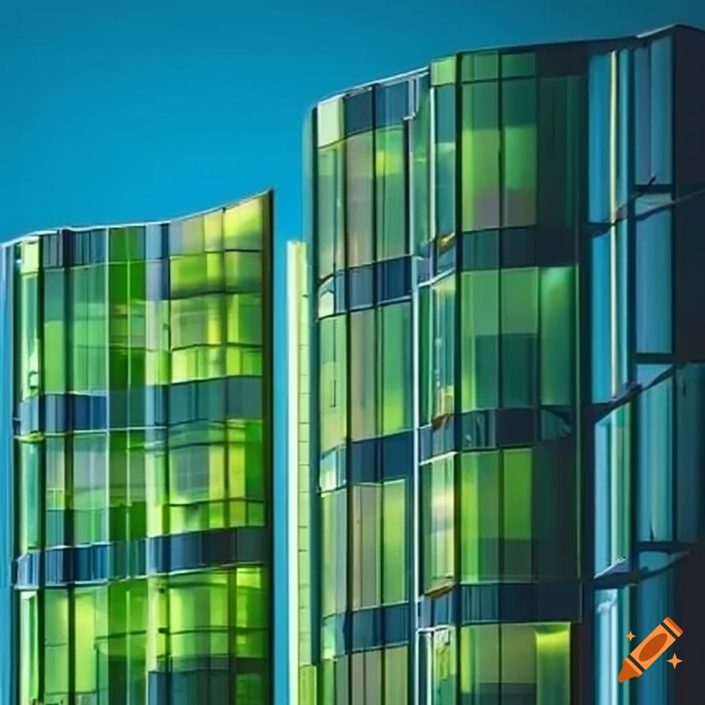 Solar panels on building with green windows on Craiyon