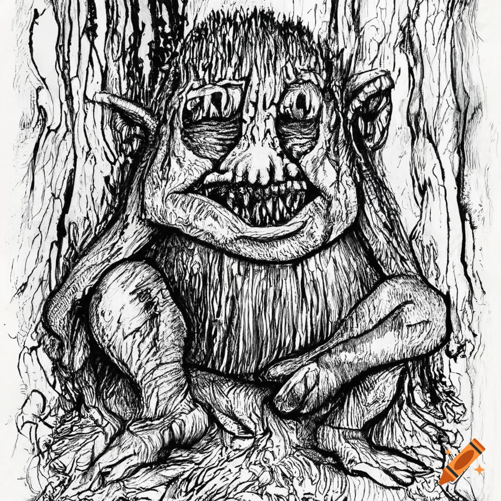 Intricately-detailed forest troll drawing in black ink with a ...