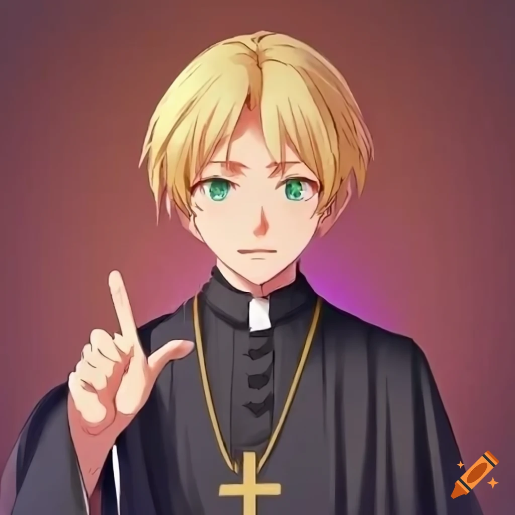 Anime portrait of a holy chapel priest pointing upwards on Craiyon
