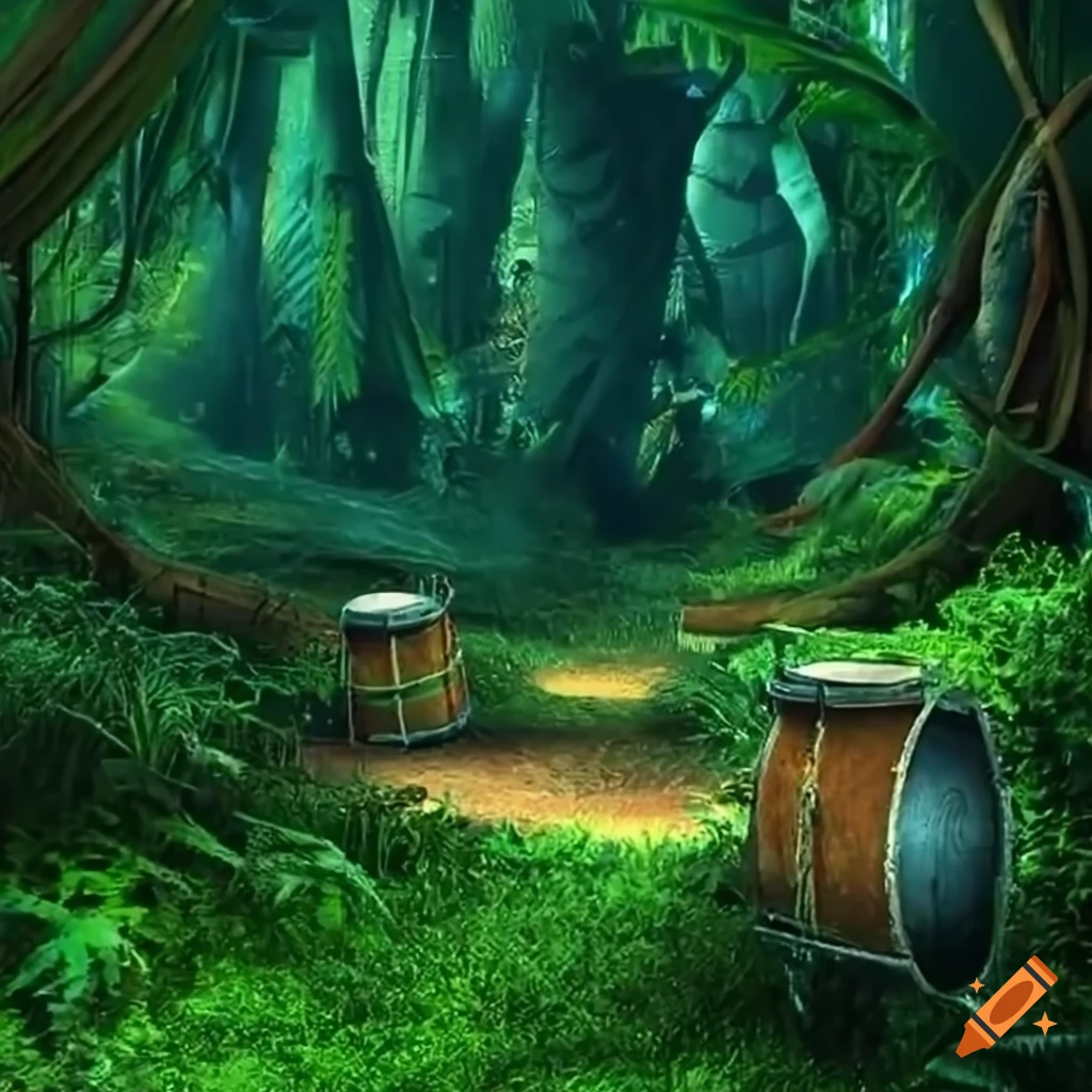 Jungle scene with trees, drums, and music instruments on Craiyon