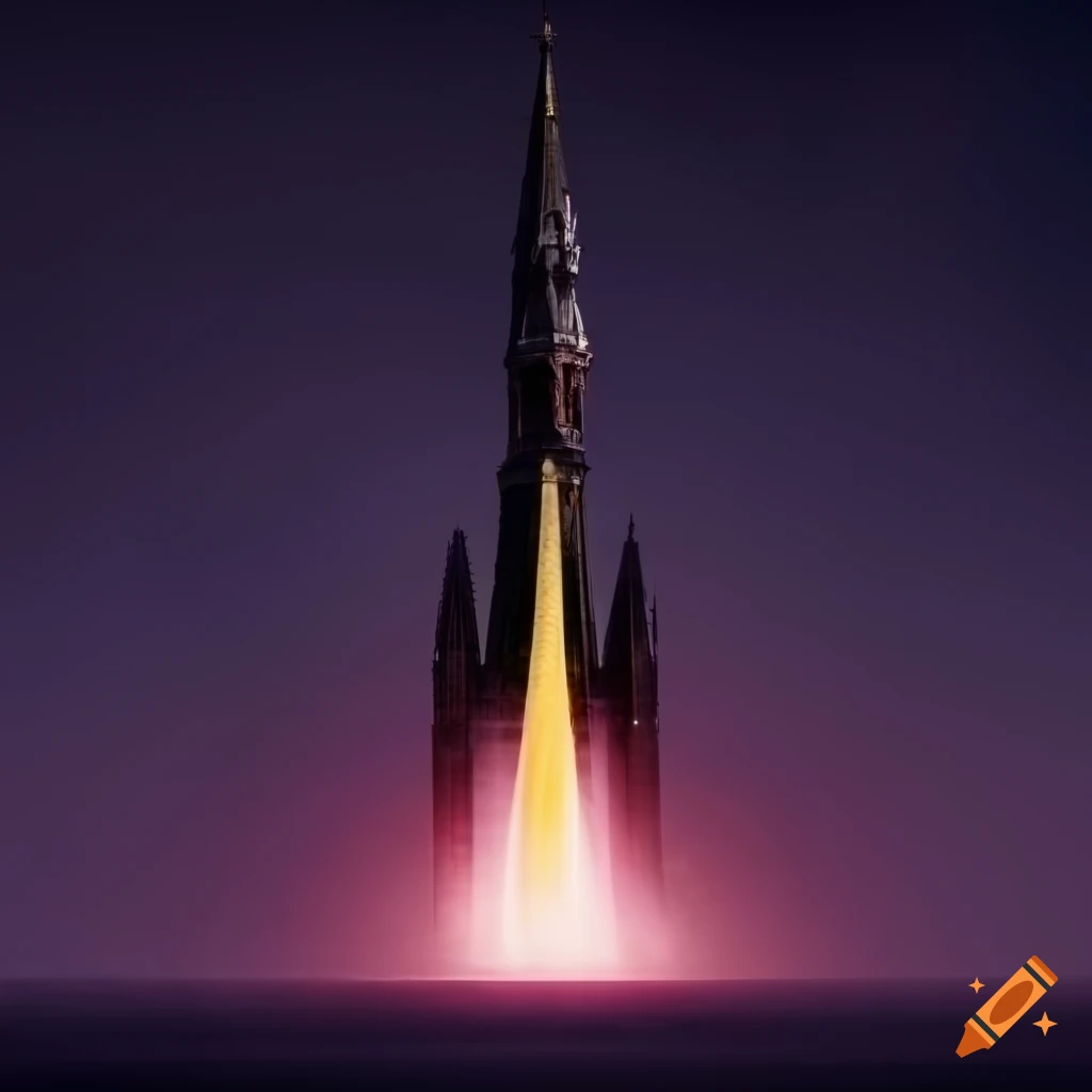 Gothic tower with rocket-shaped spire and lit reactors on Craiyon
