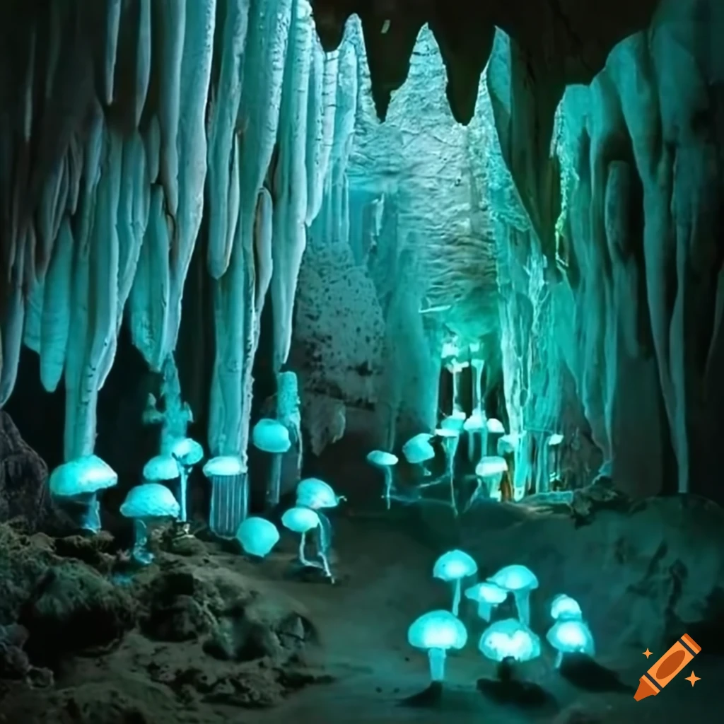 Mystical cave with glowing mushrooms and stalactites on Craiyon