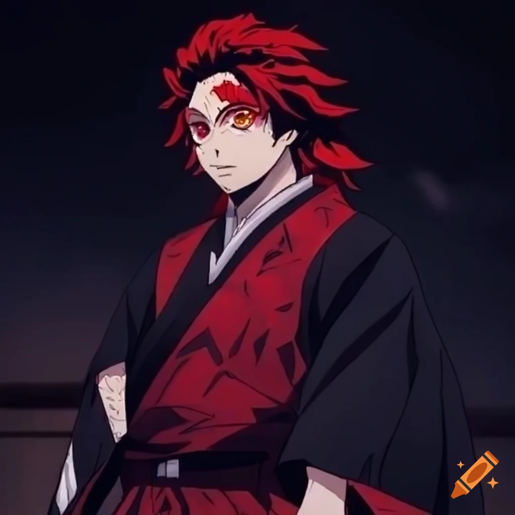 Demon slayer character in blood red haori with black hair and crimson ...