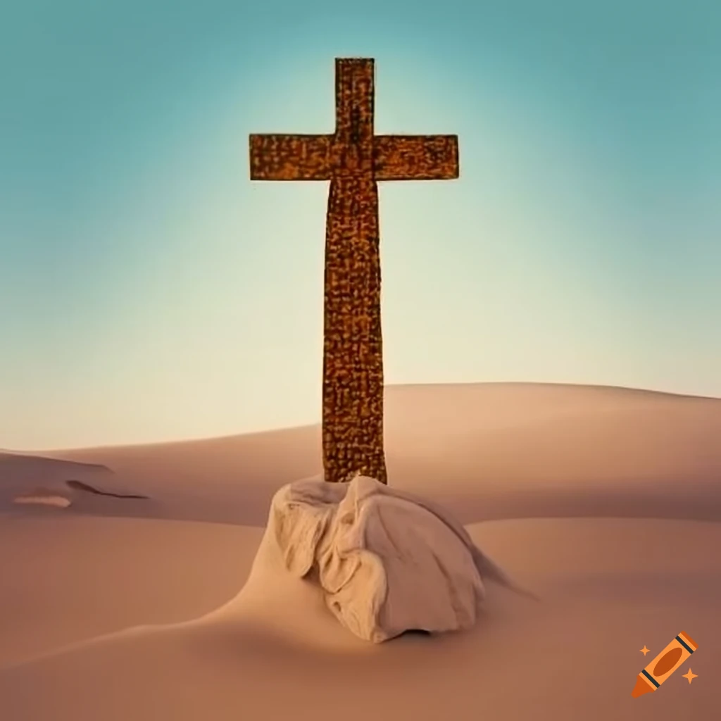 Sculpture of resurrection cross with keffiyeh in a desert landscape on ...