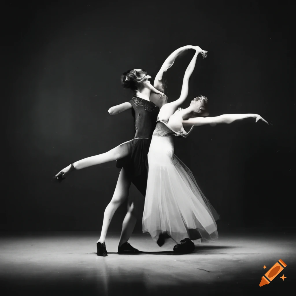 Vintage photograph of a group performing an intricate ballroom dance routine on Craiyon