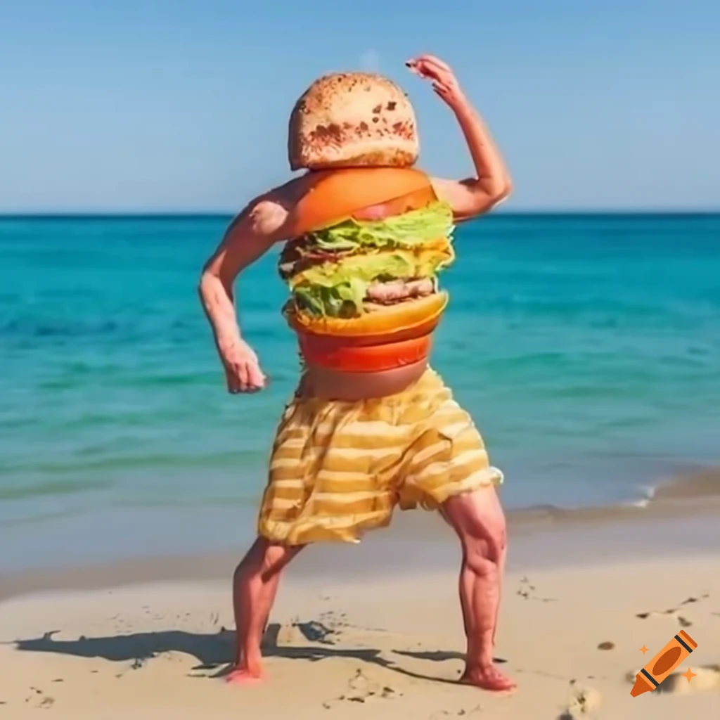 Giant burger with human features posing on a beach on Craiyon