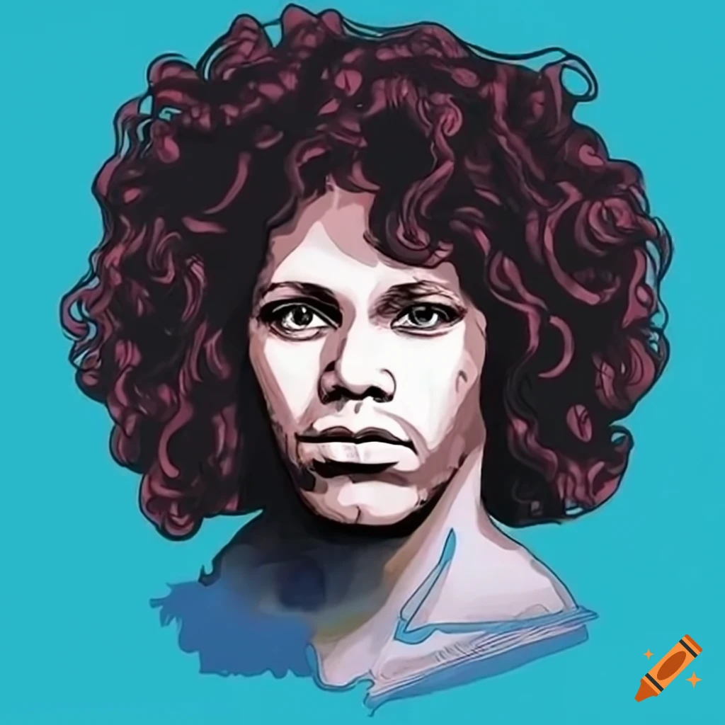 Mash-up of Hendrix's and Jim Morrison's facial features with curly hairdo on Craiyon