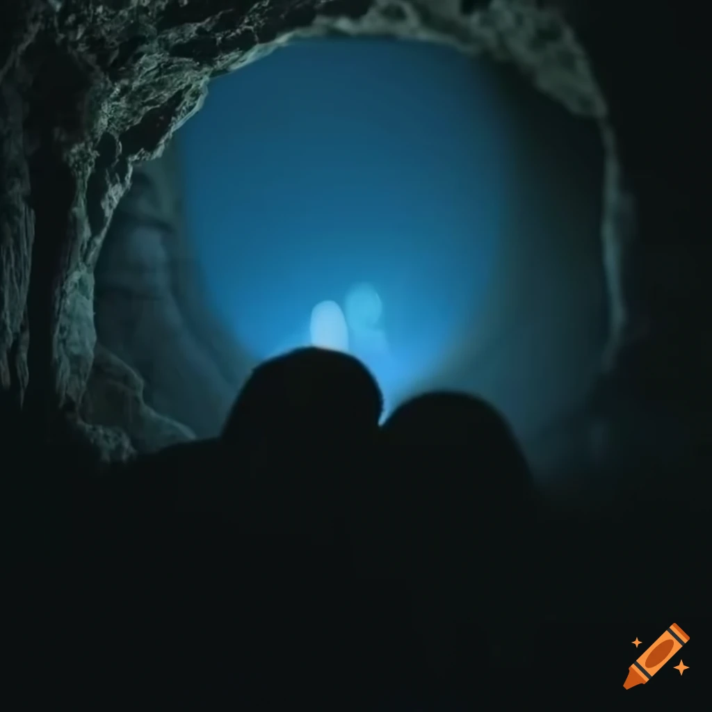 Wide cave with round walls and two silhouettes hugging on Craiyon