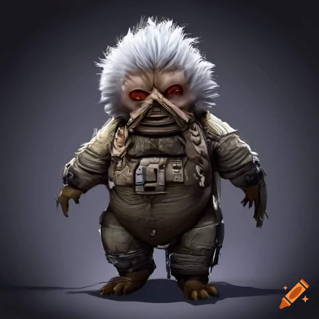 Wrinkled monster with human eyes and mohawk hairstyle in armored flight ...