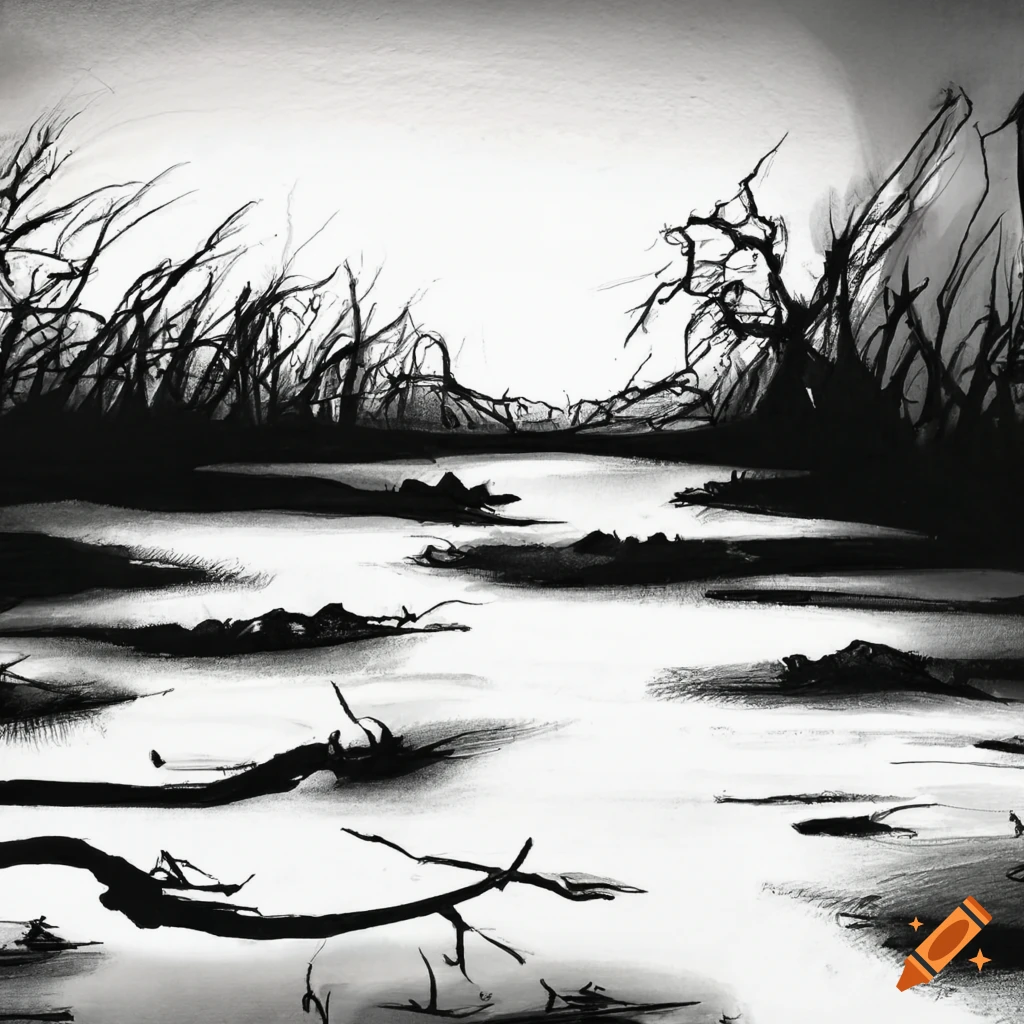 Flood landscape charcoal drawing in black and white on Craiyon