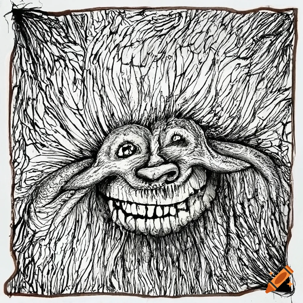 Intricately-detailed forest troll drawing in black ink with a ...