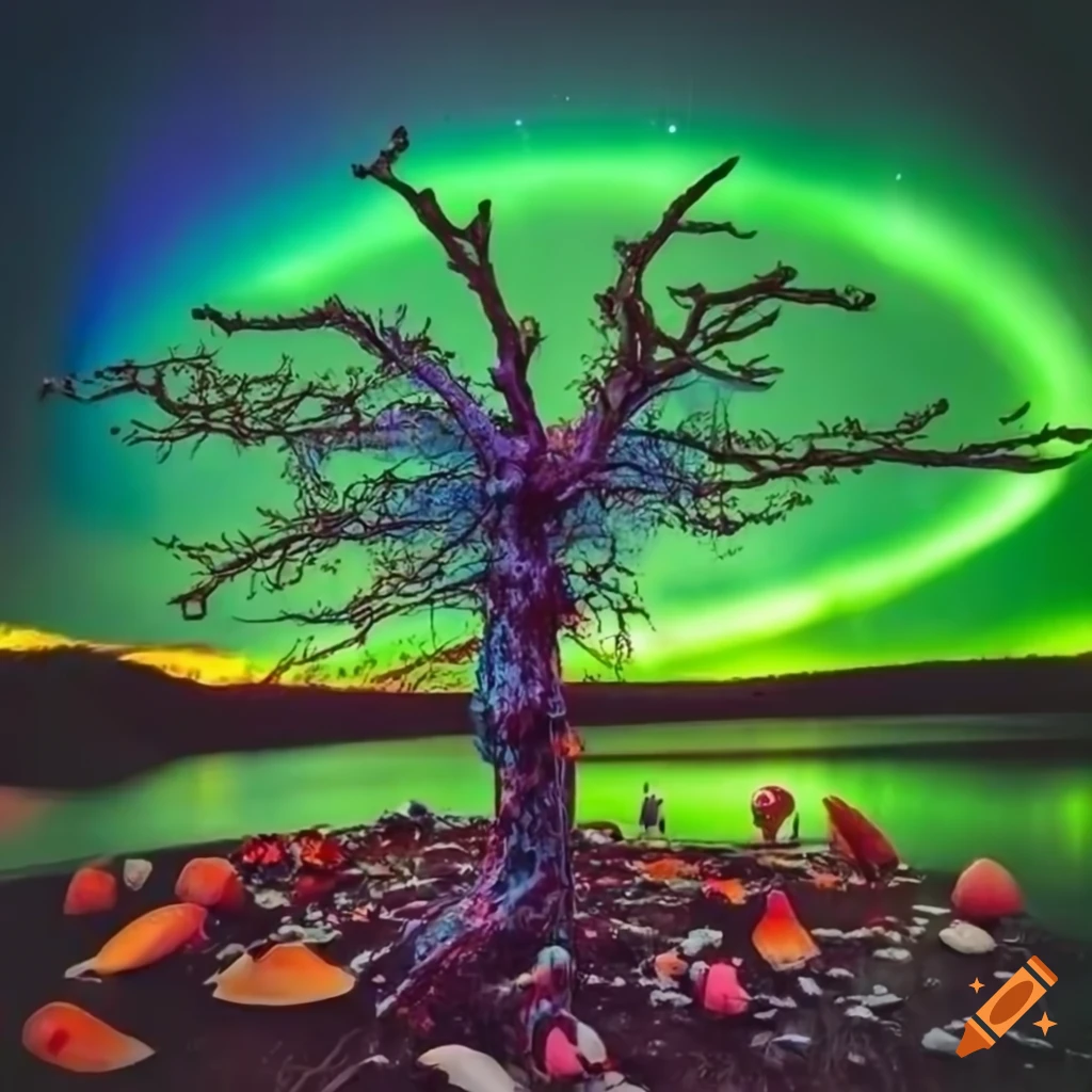 Surrealist cyborg techno tree with colorful mushrooms under northern ...