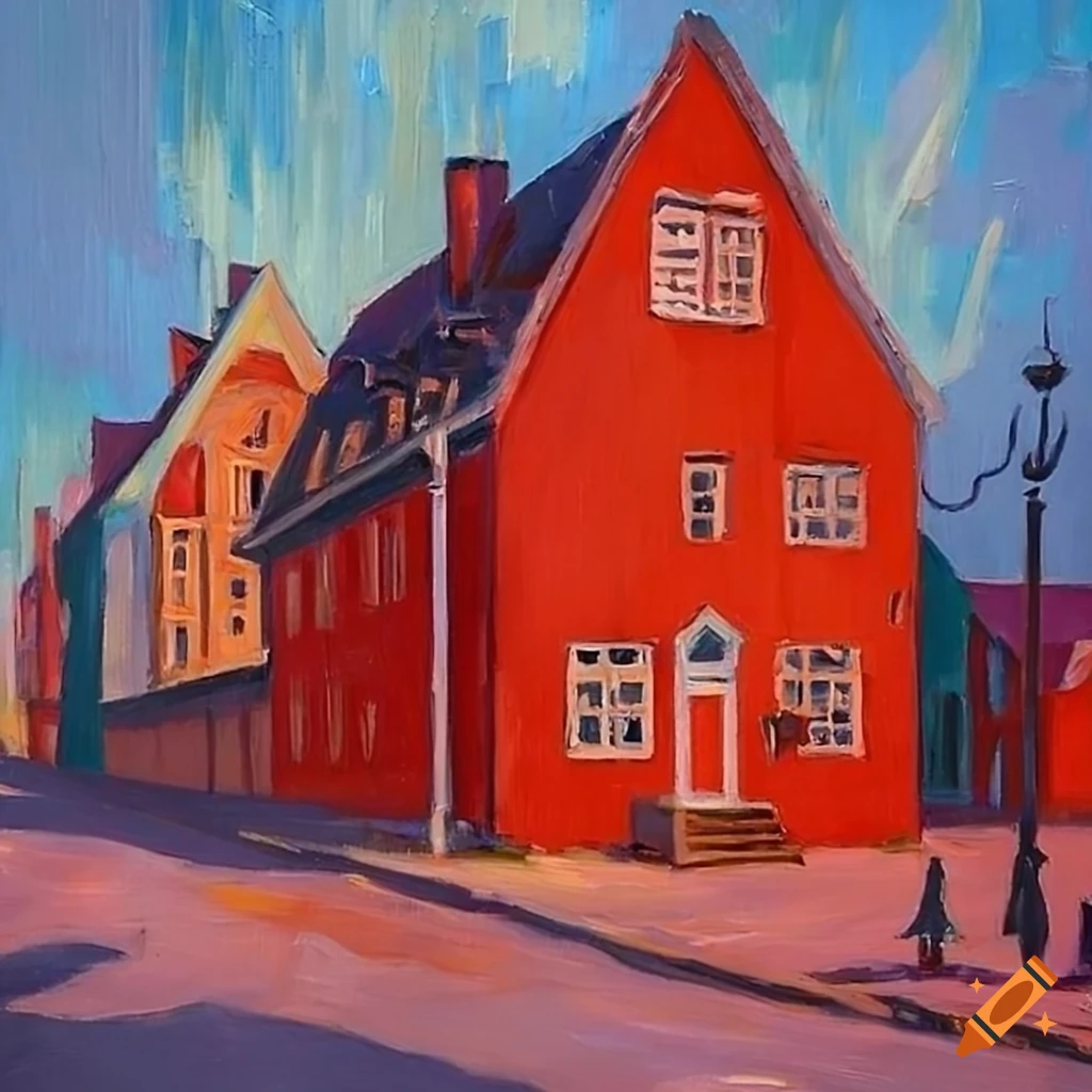 Oil painting of large red house in foreground with more red houses in ...