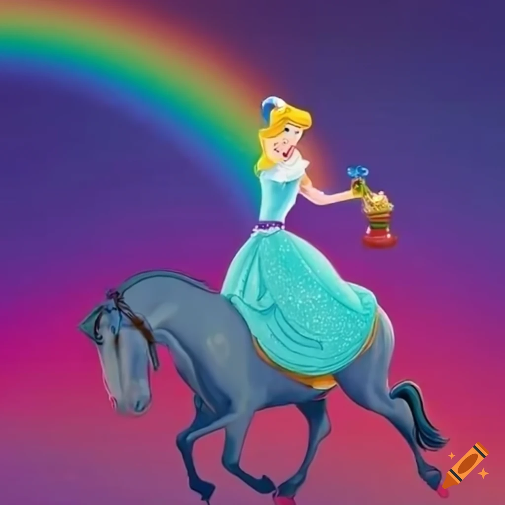 Princess Cinderella riding a horse with a cheeseburger under a neon ...