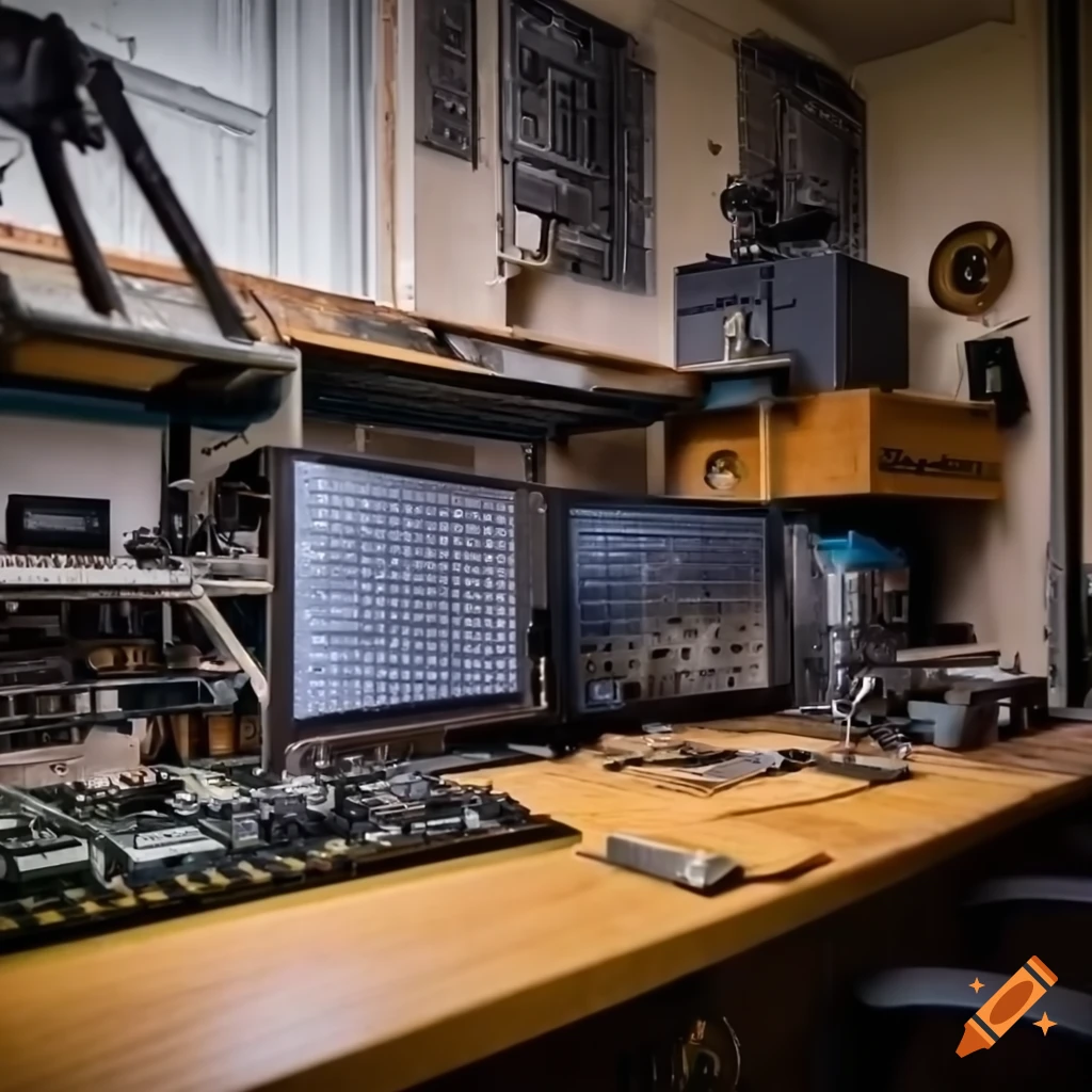 Computer workshop with workbench and computer parts on Craiyon