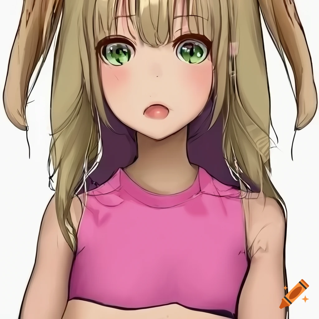 Anime Girl With Blonde Hair And Green Eyes In A Light Pink Sleeveless T Shirt Arms Crossed On