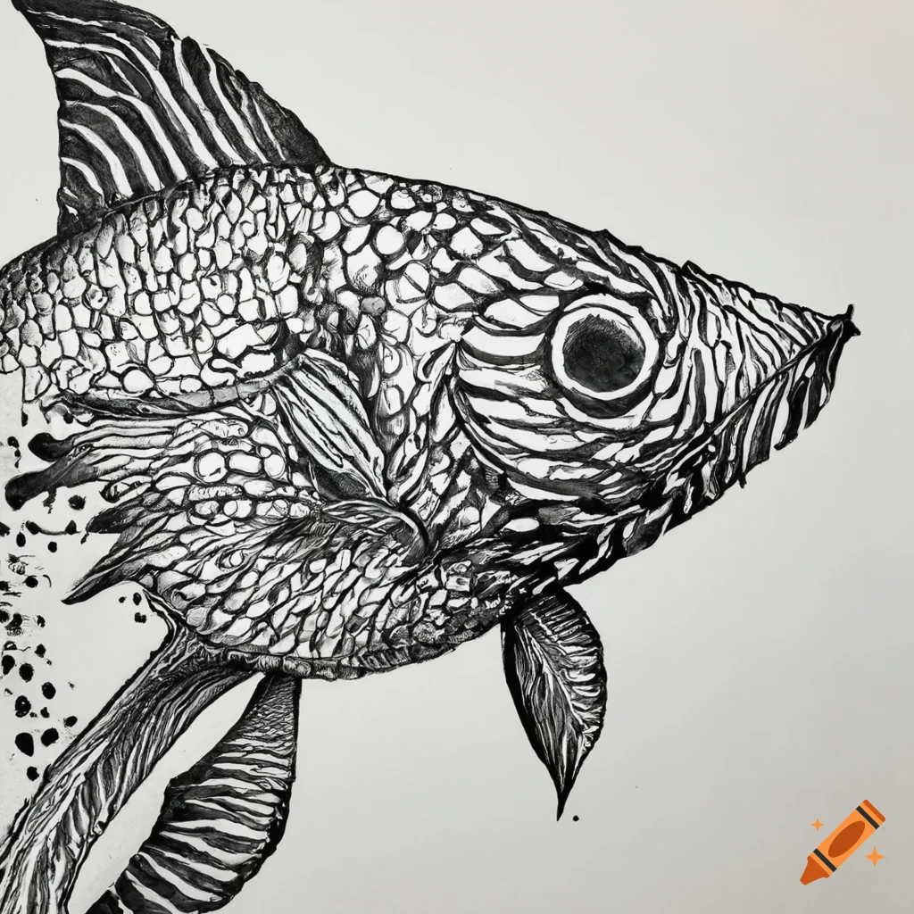 Intricate black ink drawing of water lantern fish on white paper on Craiyon