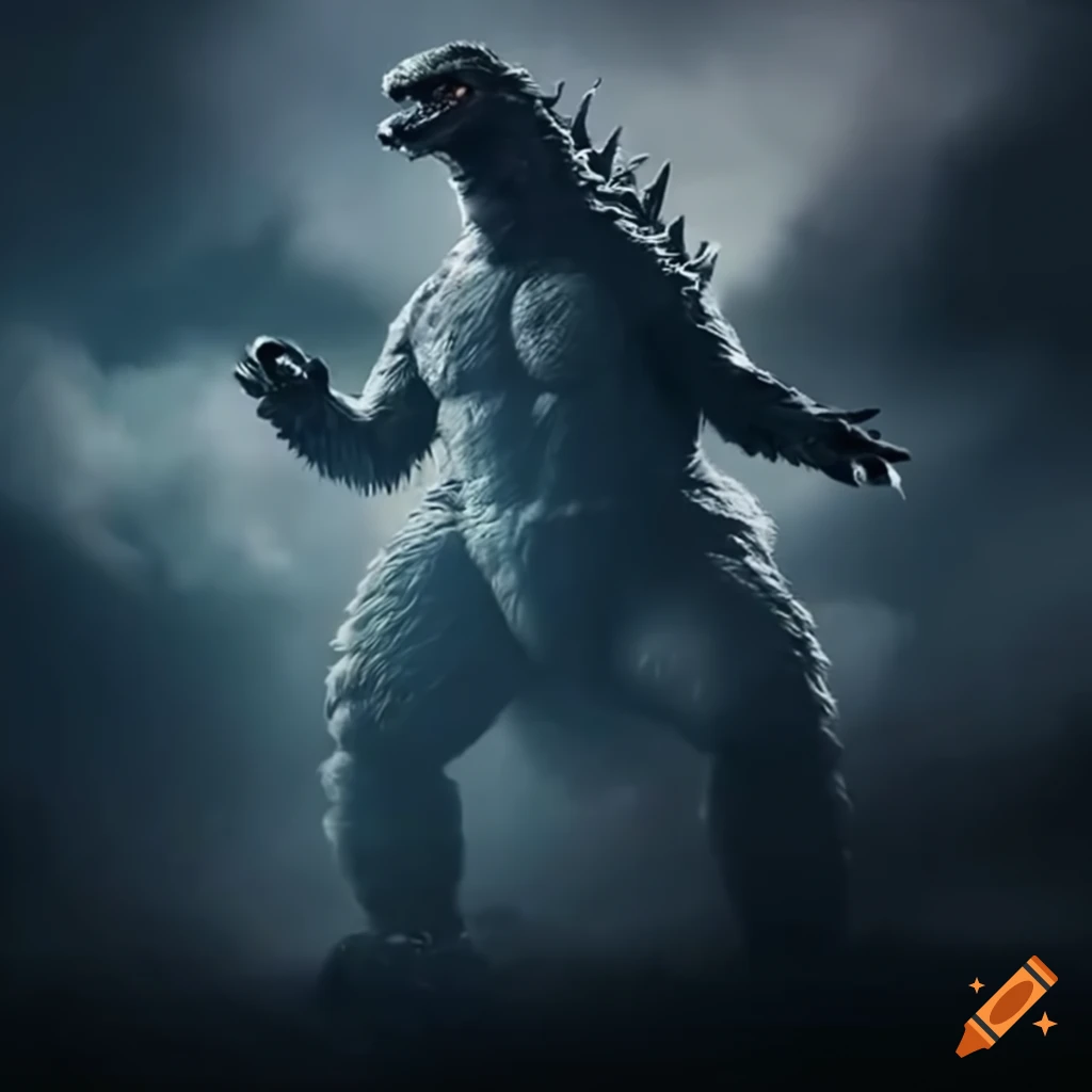 Godzilla battling kong under dark night sky with bright grey clouds on ...