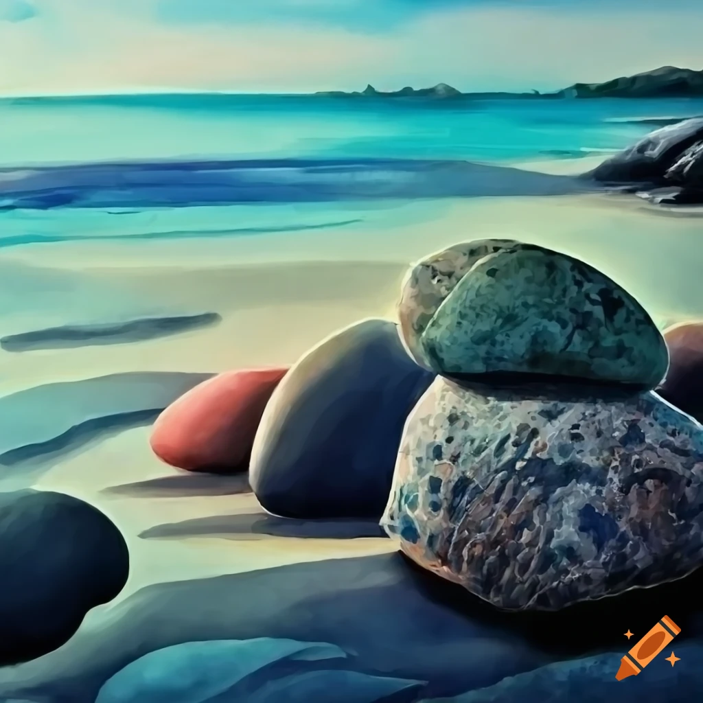 Large rocks on a beach in watercolor on Craiyon