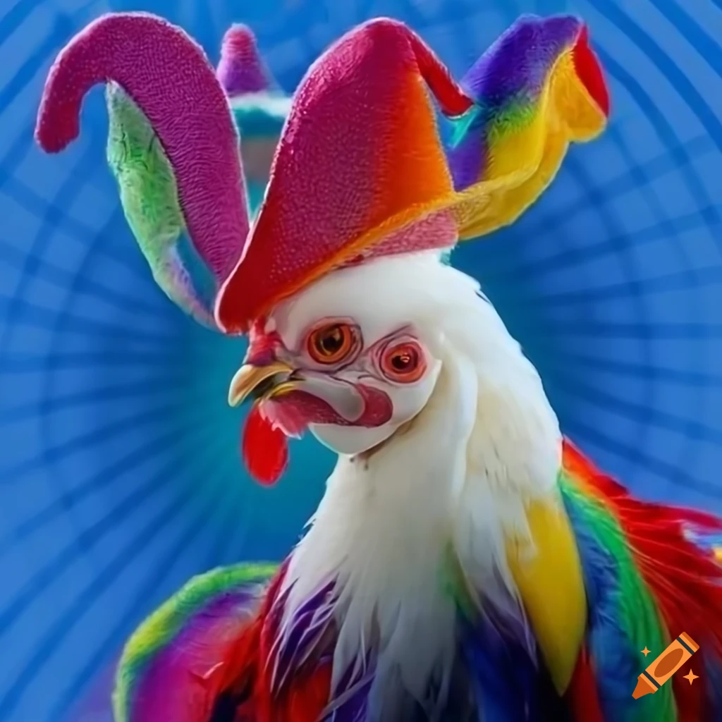 White jester chicken wearing a colorful hat on a starburst background ...