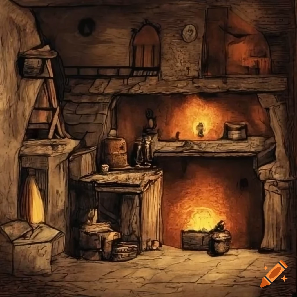 Medieval blacksmith house interior in portrait orientation on Craiyon
