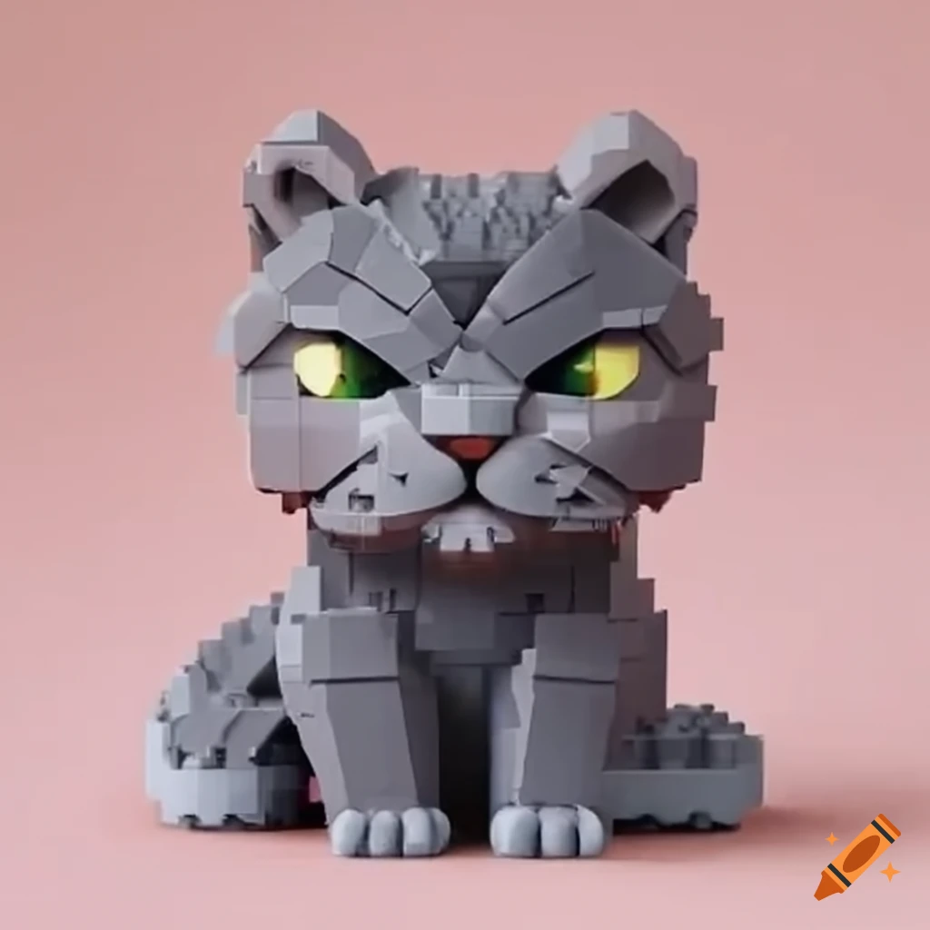 Gray cat with bear brick toy on Craiyon