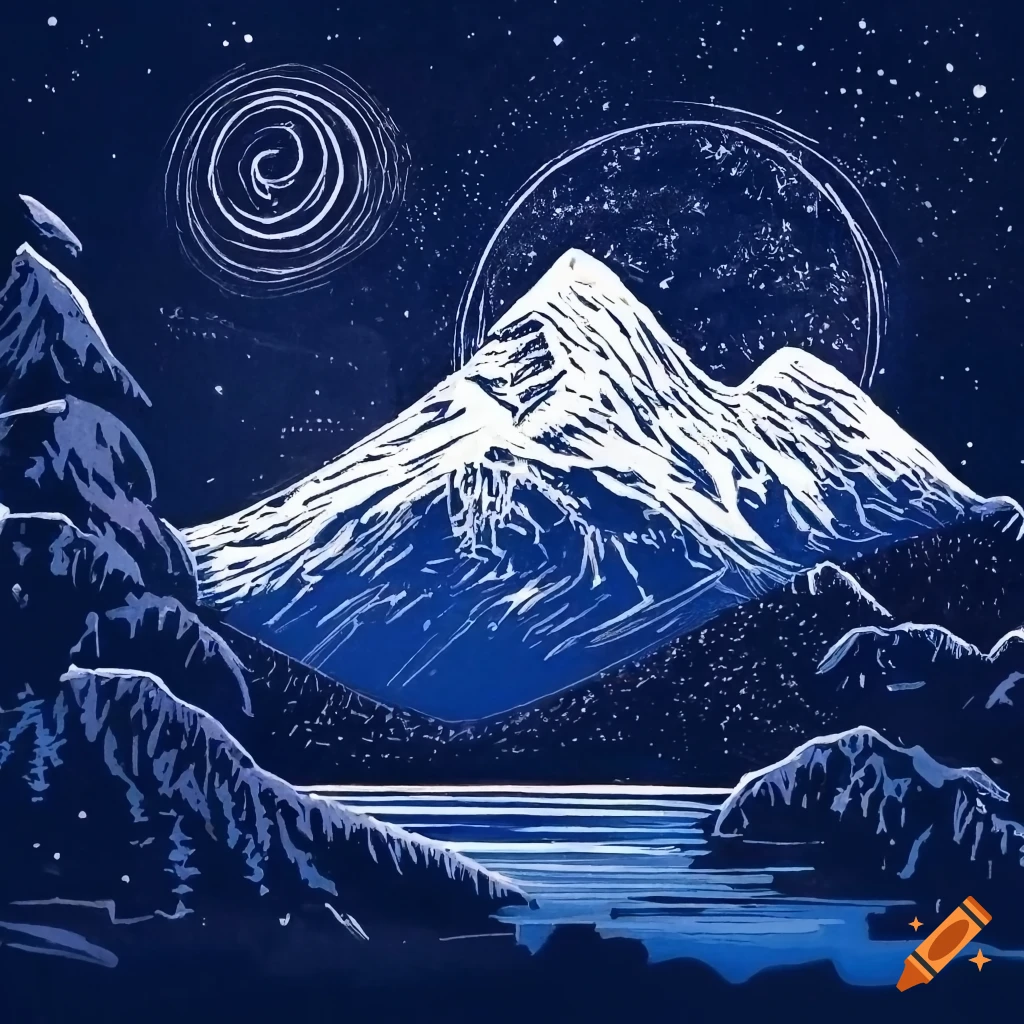 Detailed linocut of snowy mountain landscape under starry night sky ...