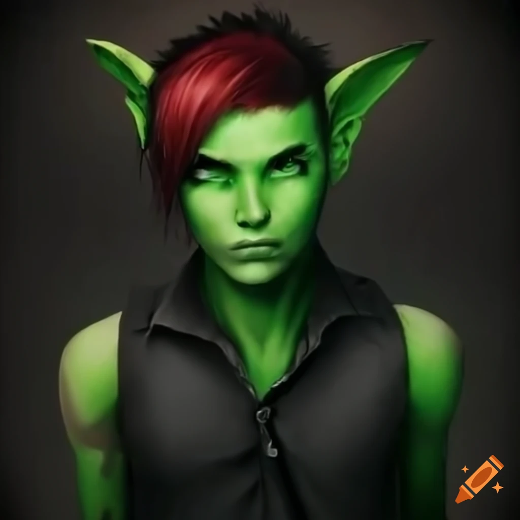 Edjek the young goblin with green skin and an emo hairstyle on Craiyon