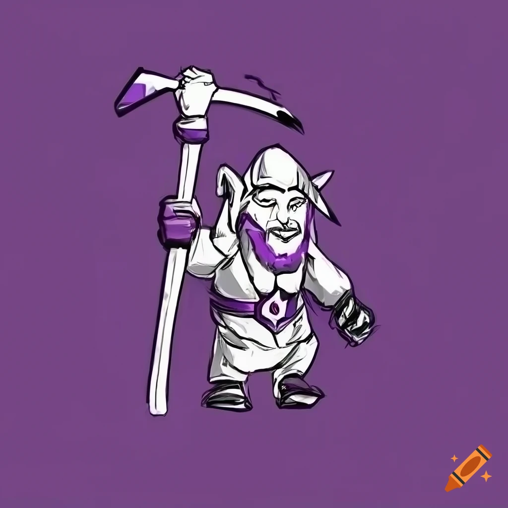 Minimalistic line drawing of a dwarf miner with pickaxe in purple ...