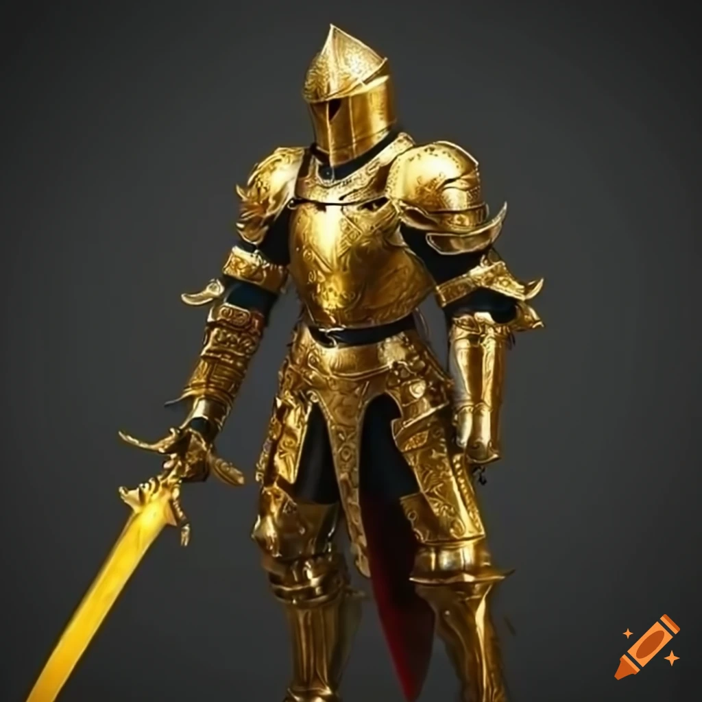 Valiant golden knight in ornate armor with a grand sword on Craiyon