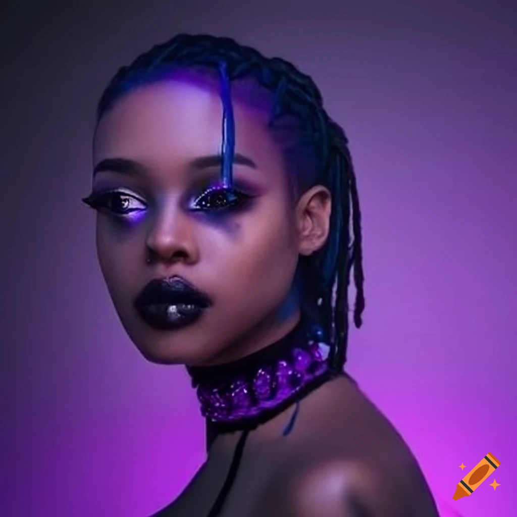 Black female with purple dreadlocks and goth choker necklace on Craiyon