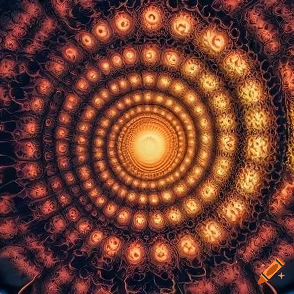 Infinite honeycombed fractal tunnel with fiery divine glow on Craiyon