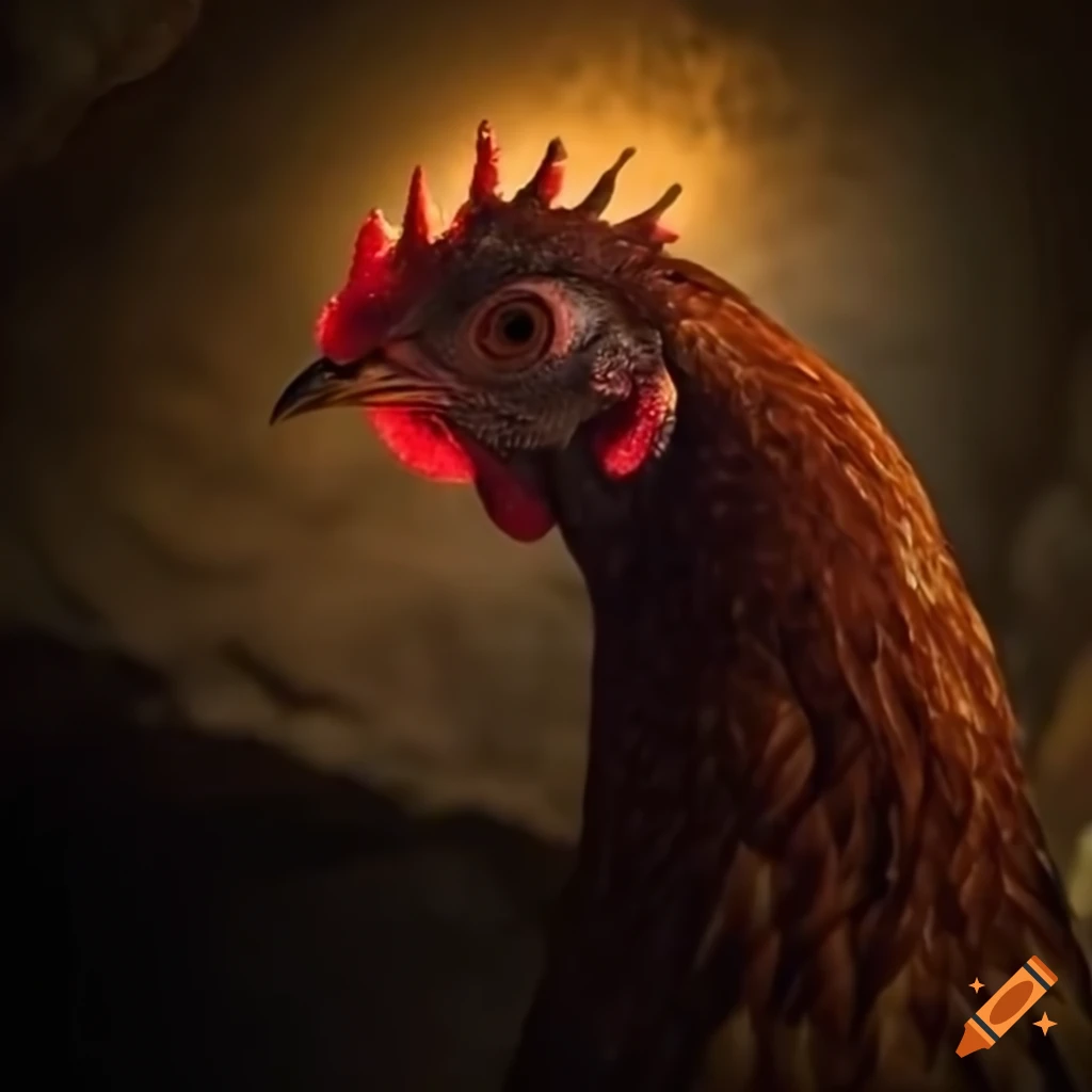 Chicken in a cave with a close-up on its head from a low angle on Craiyon